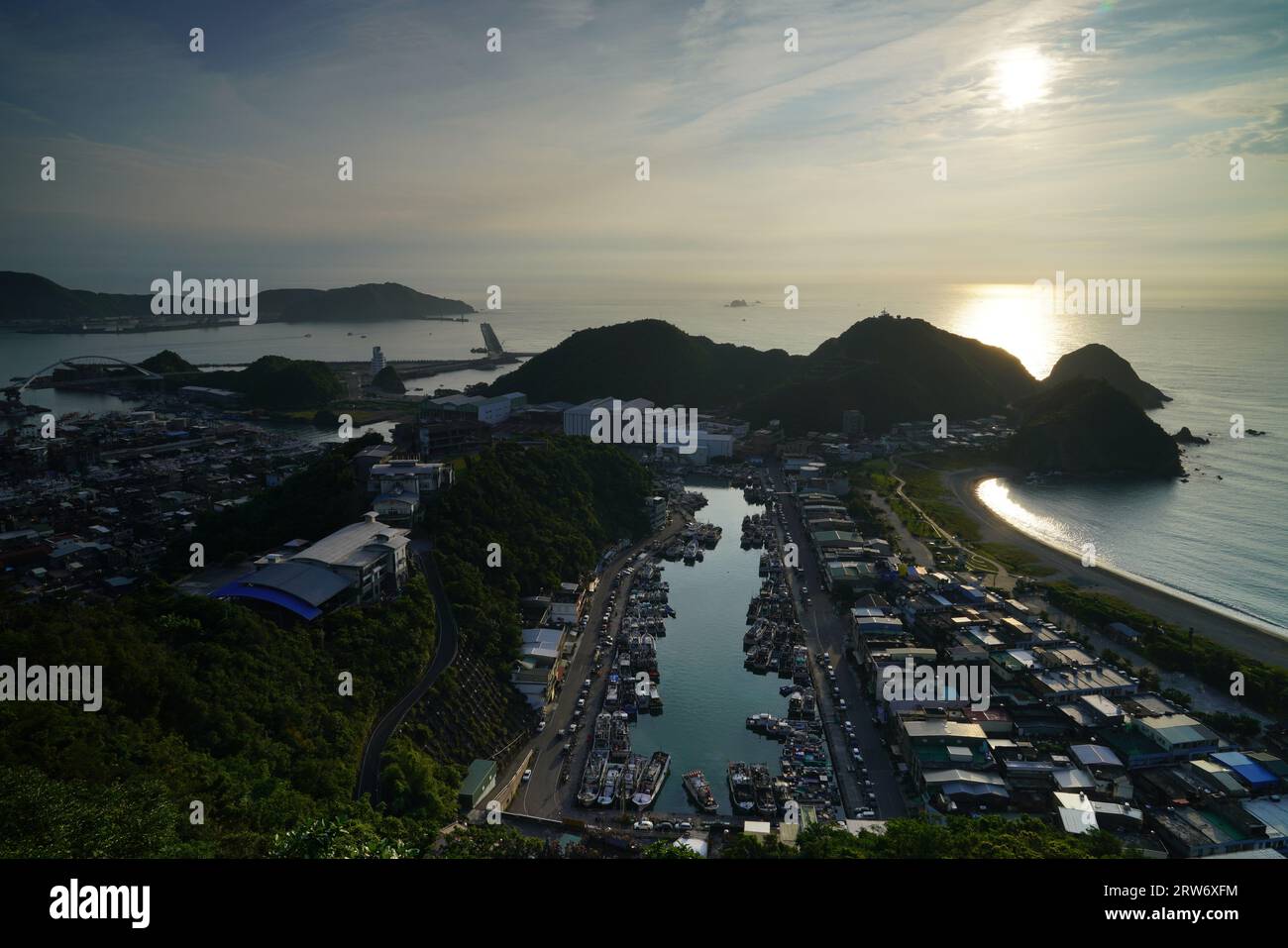 An aerial view of Nanfang'ao Fishing Port in Taiwan at sunrise Stock ...