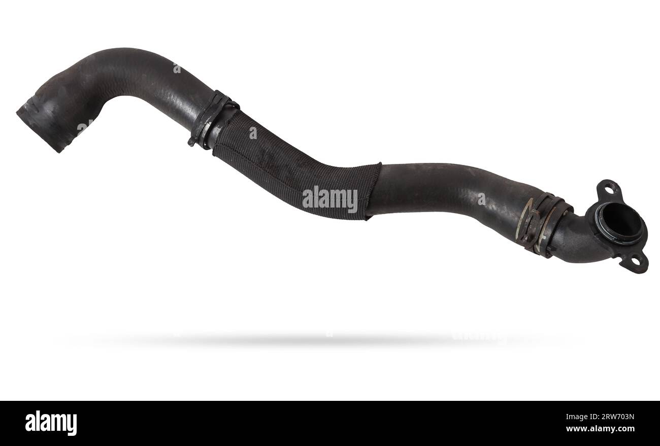 Black rubber hose of the car engine cooling system on a white isolated ...