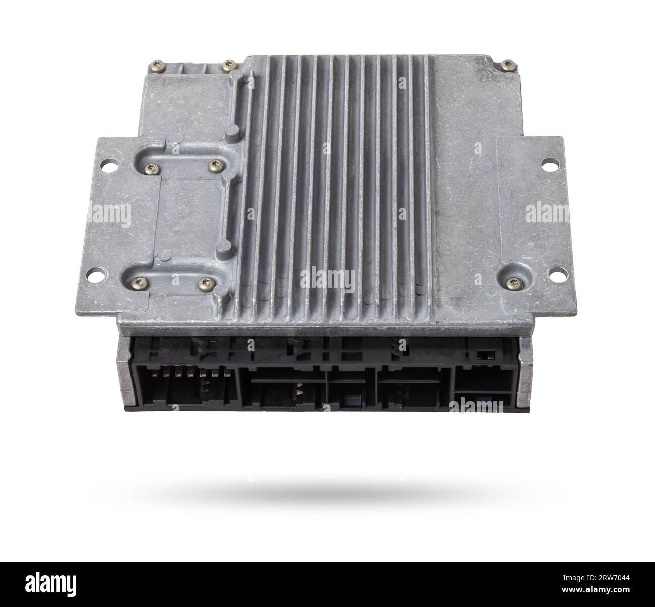 Plastic car engine control unit with metal elements on a white isolated ...