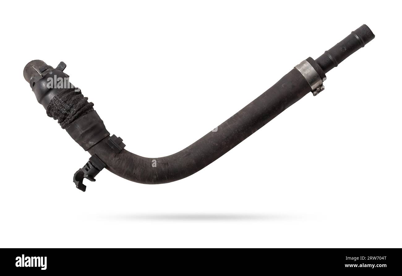 Black rubber hose of the car engine cooling system on a white isolated ...