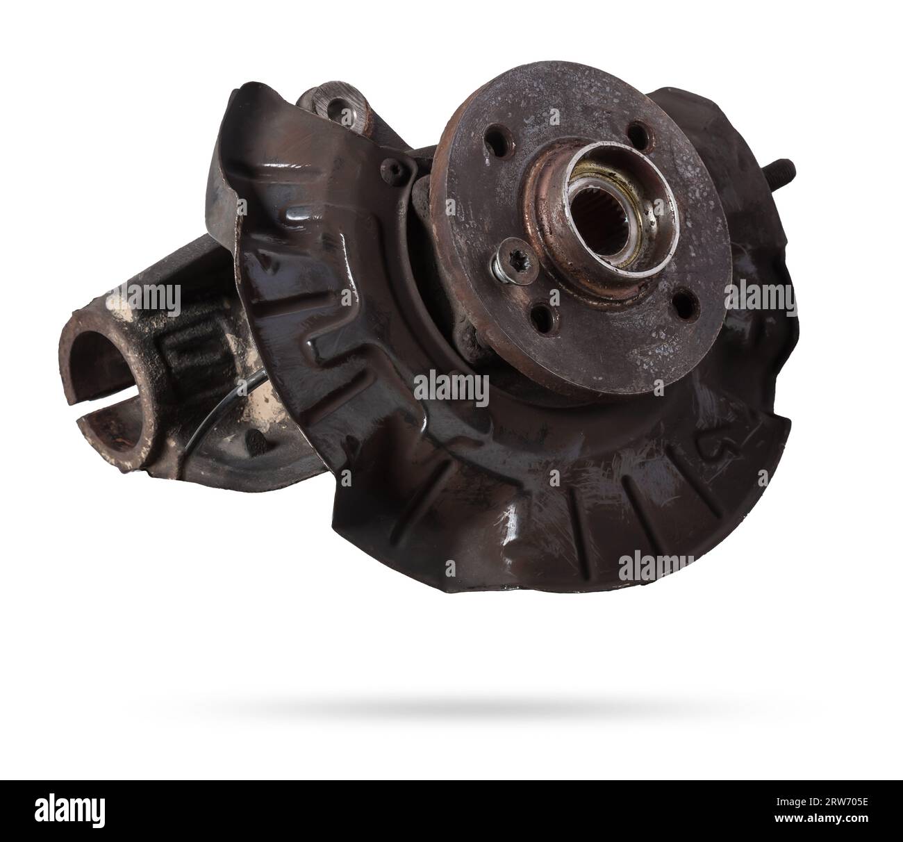 A close-up of a worn metal wheel hub with oil and rust elements on a ...