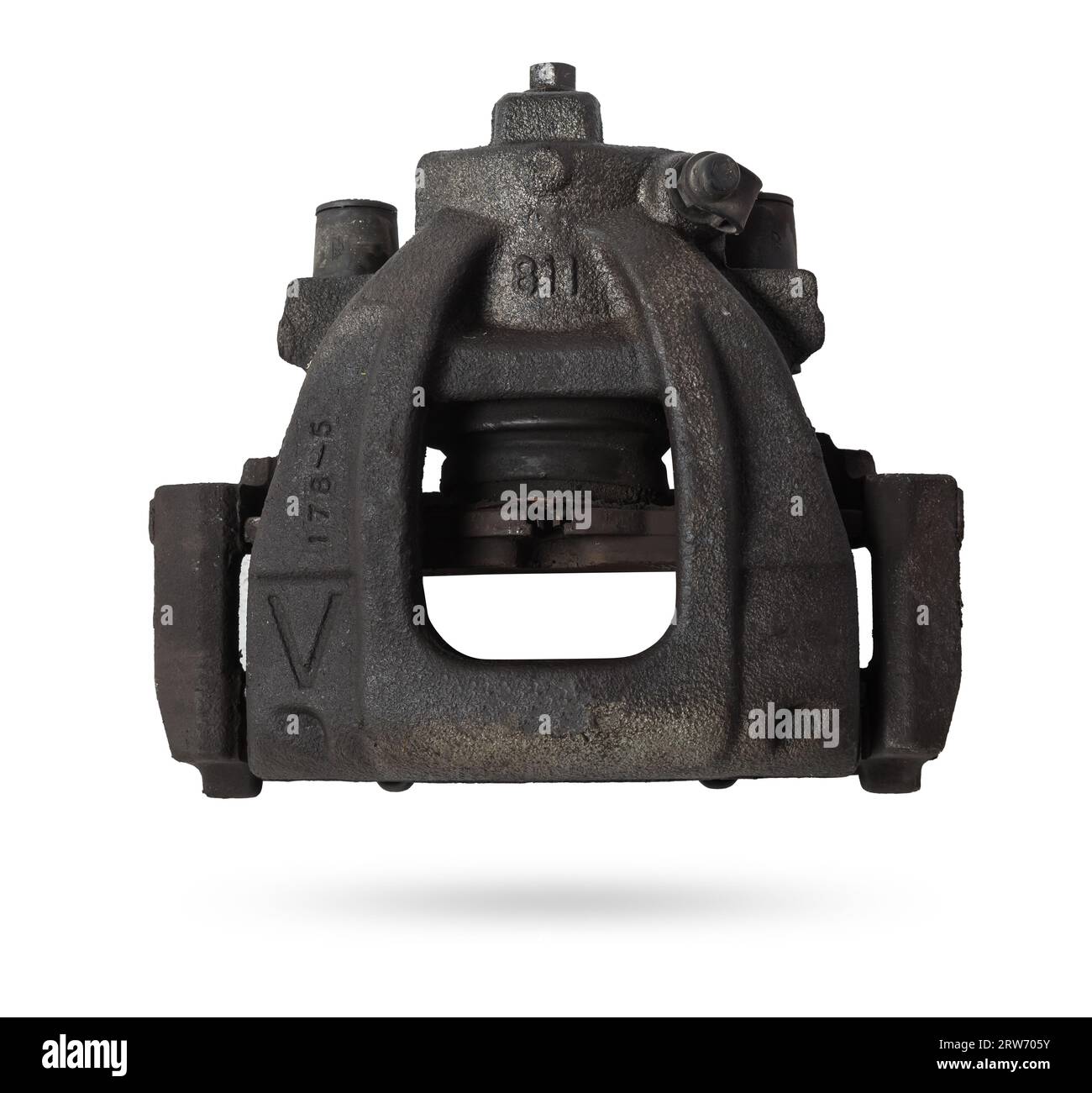 Old metal brake caliper on a white background for replacement during ...