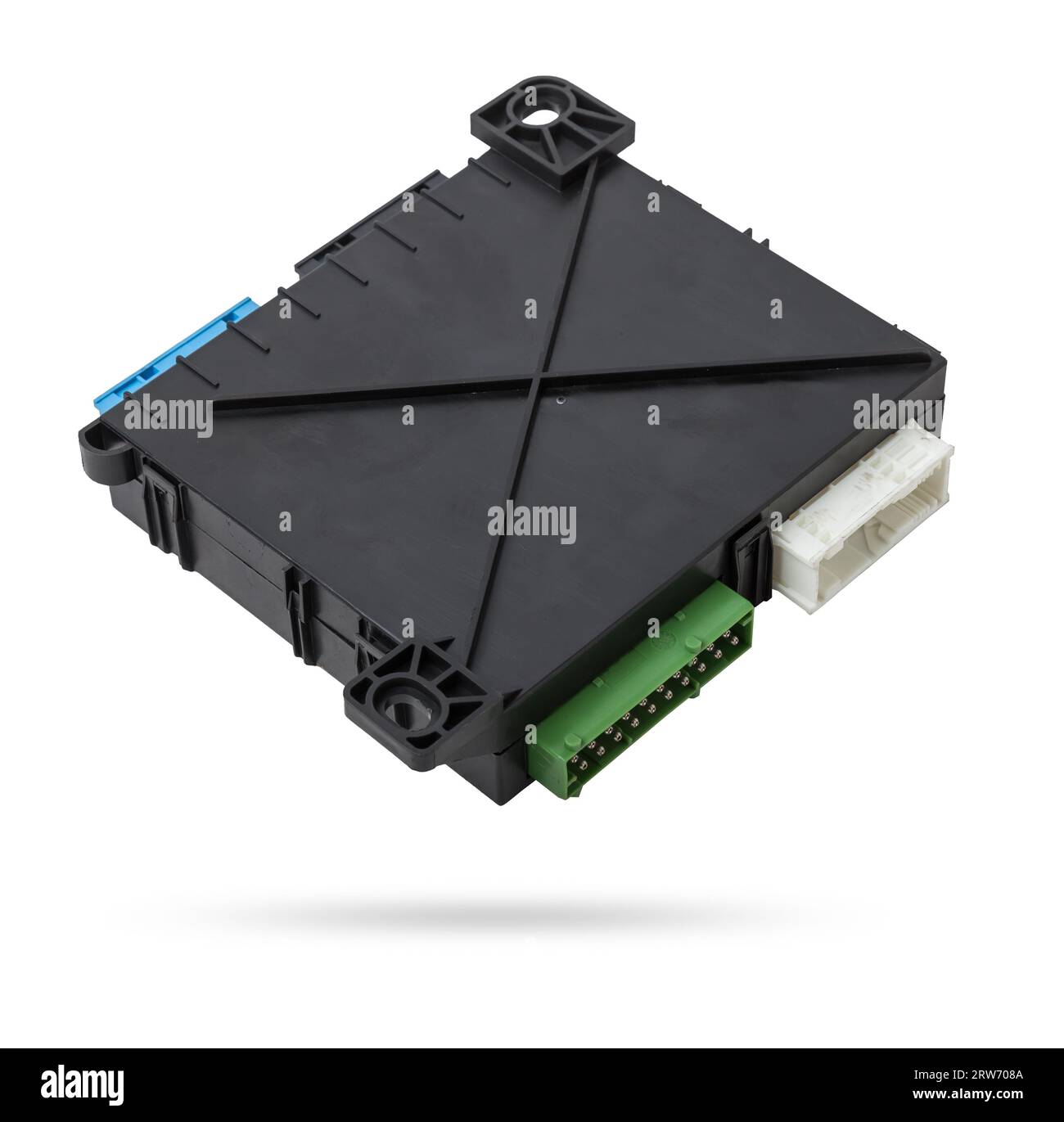 Plastic car engine control unit with metal elements on a white isolated ...