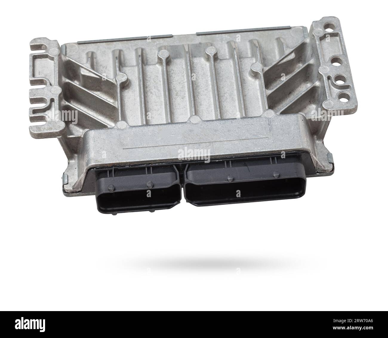 Plastic car engine control unit with metal elements on a white isolated ...
