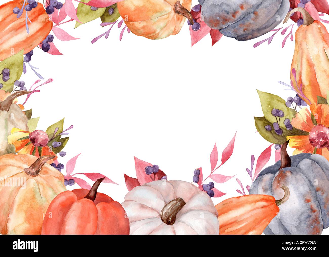 Autumn leaves and pumpkins border frame on white background. Seasonal ...