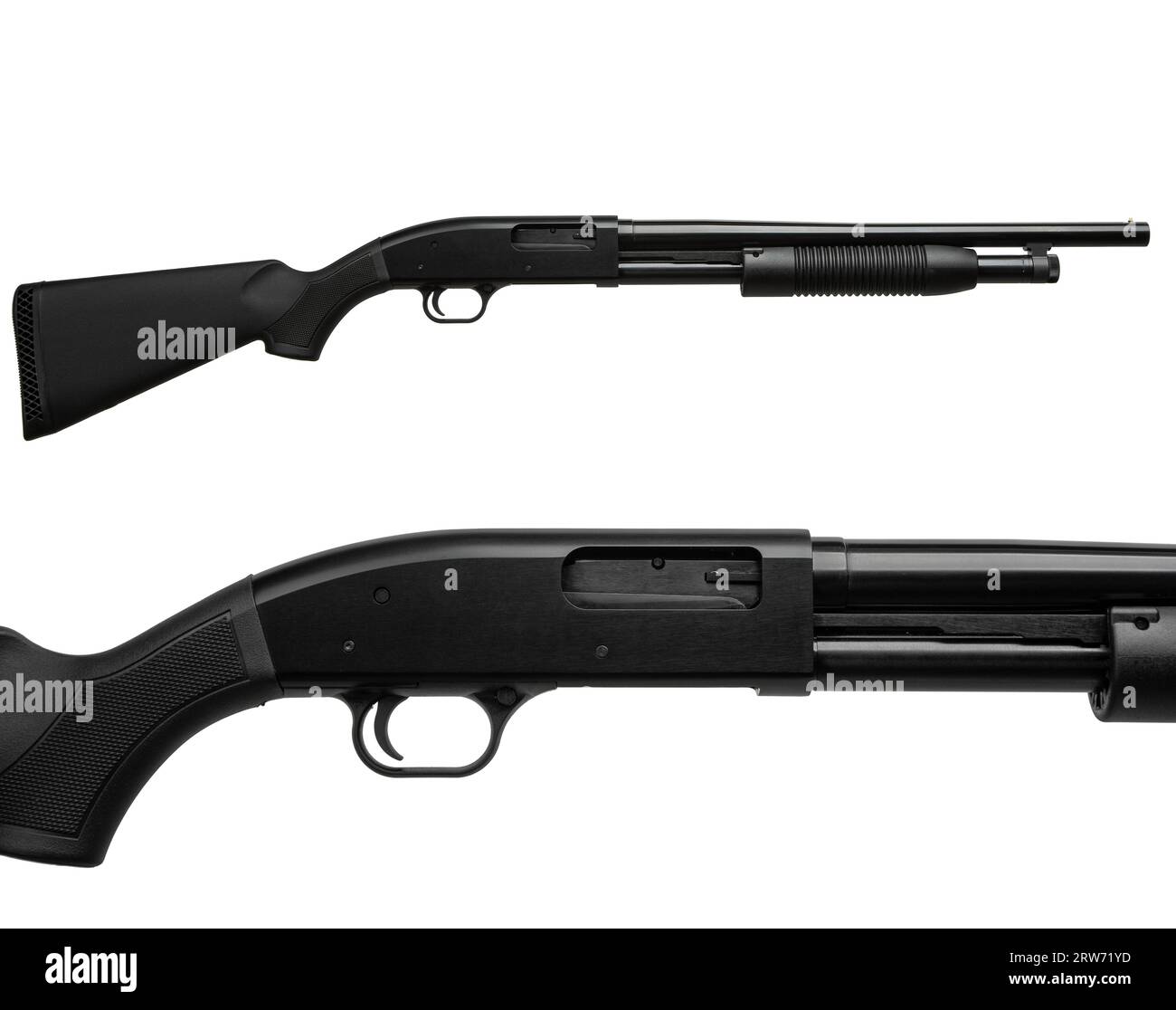 Pump-action 12 gauge shotgun isolated on a white background. Additional ...