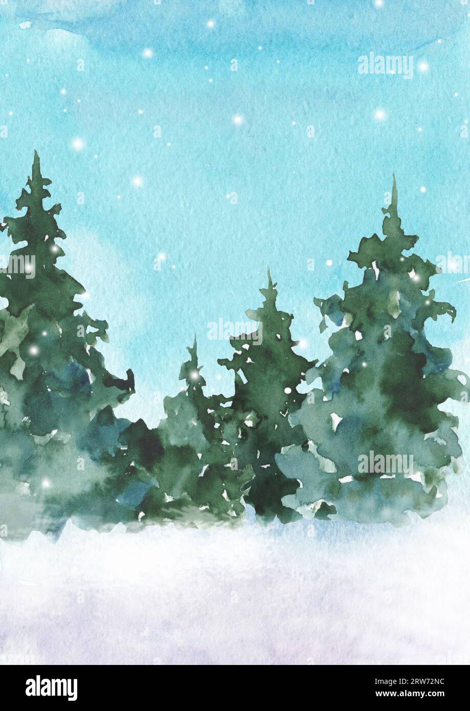 Watercolor blue landscape of foggy forest hill. New Year and Christmas ...