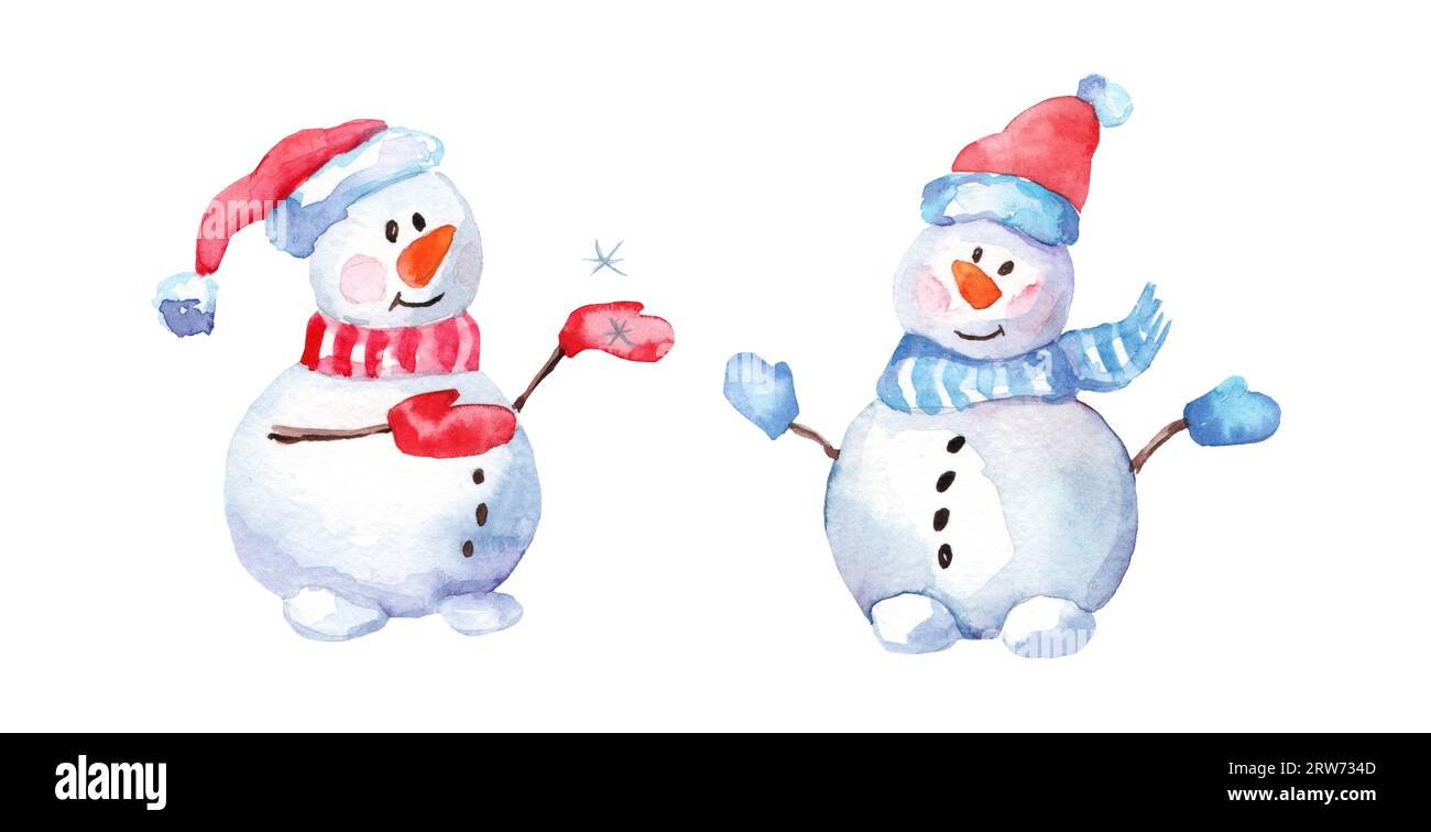 Watercolor merry christmas set of character snowmans illustration ...
