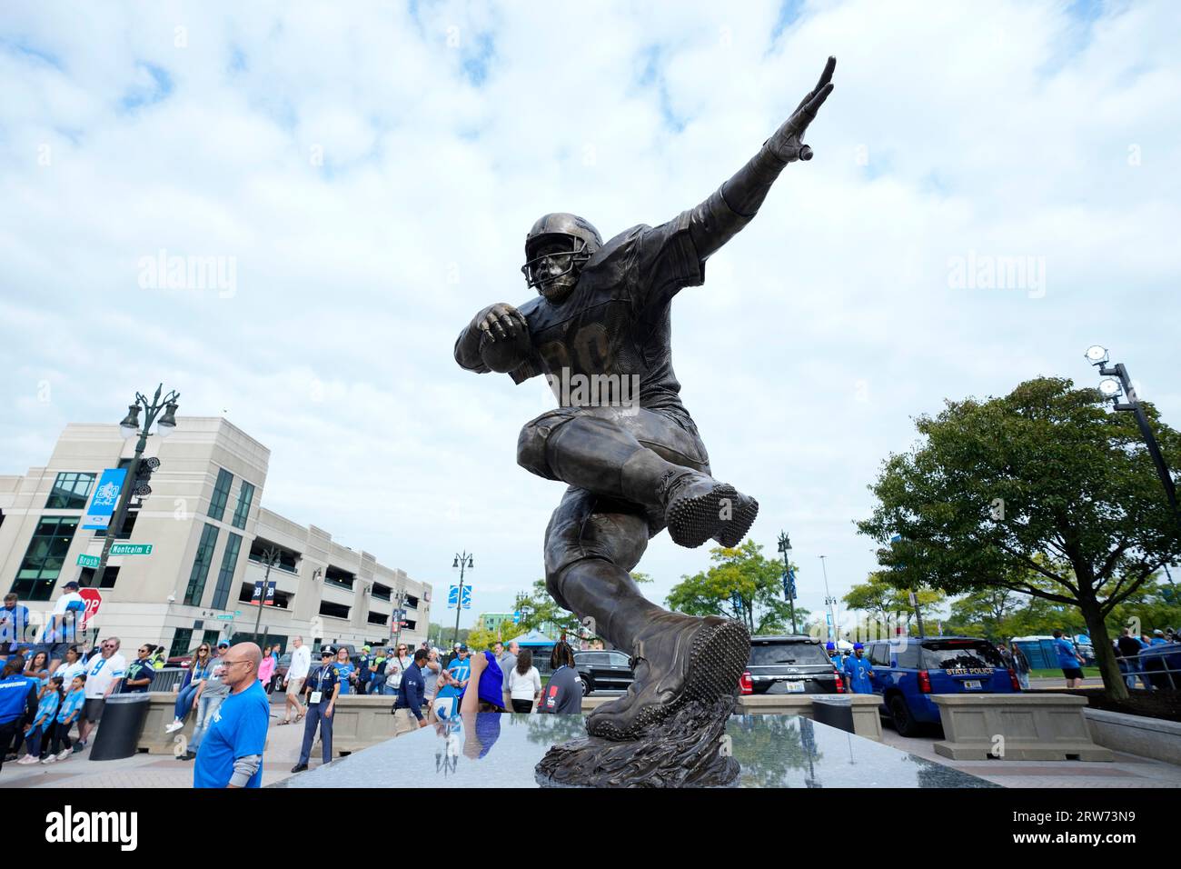 A statue of former Detroit Lions running back Barry Sanders is seen ...