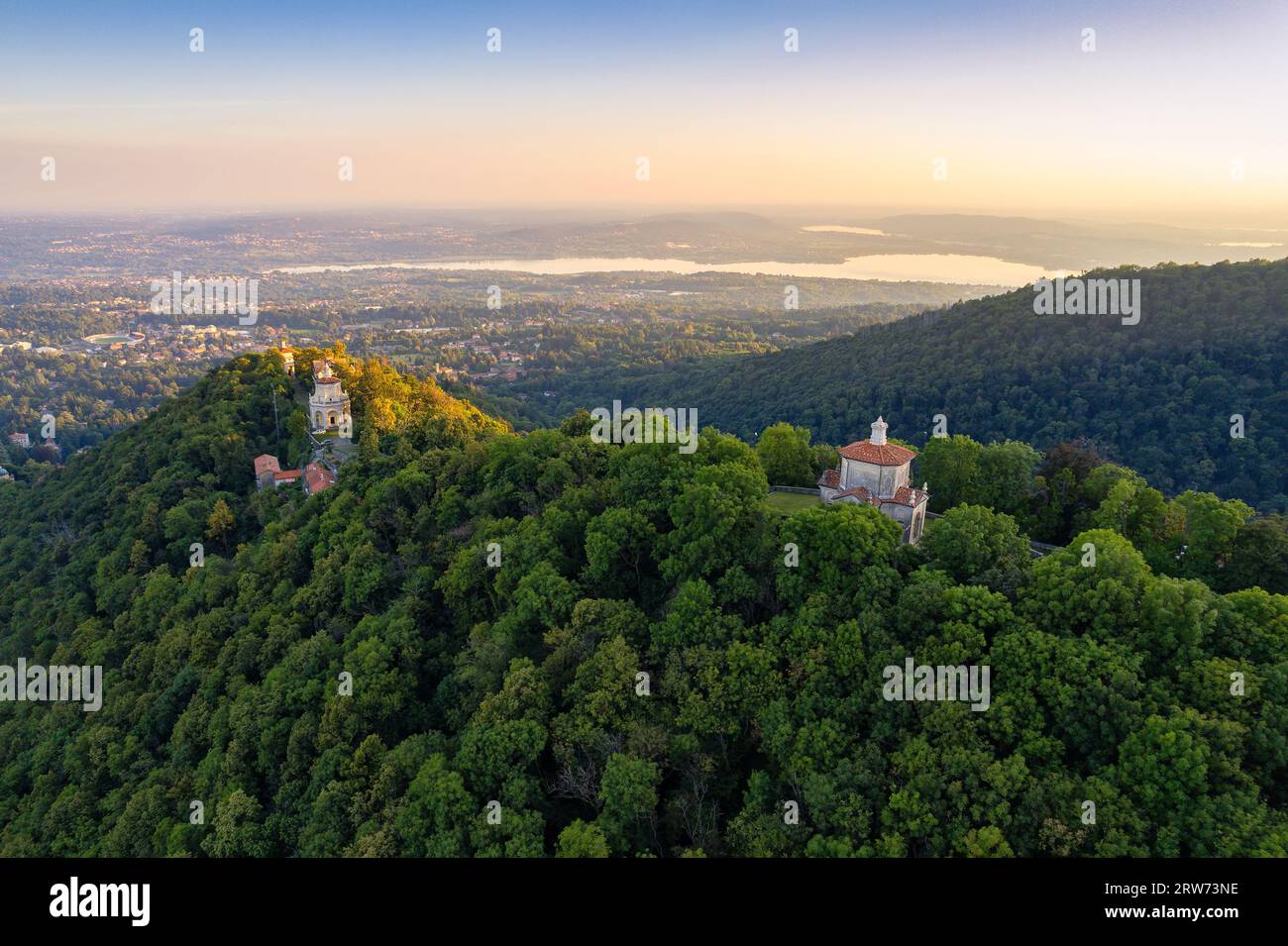 Aerial view of the Sacred Mount of Varese, symbol of the city. This ...