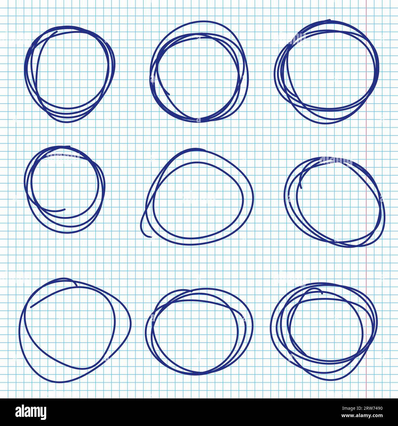 Hand drawn pen circles line sketch set on notebook pages. Drawing blue ...