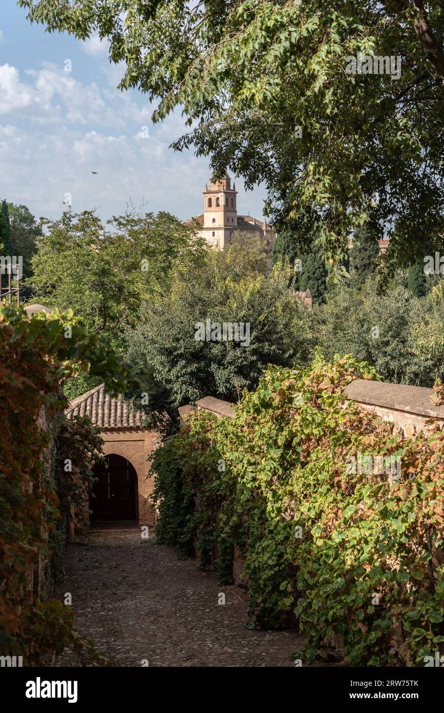 View of the tower of Santa María de la Alhambra from the old access to ...