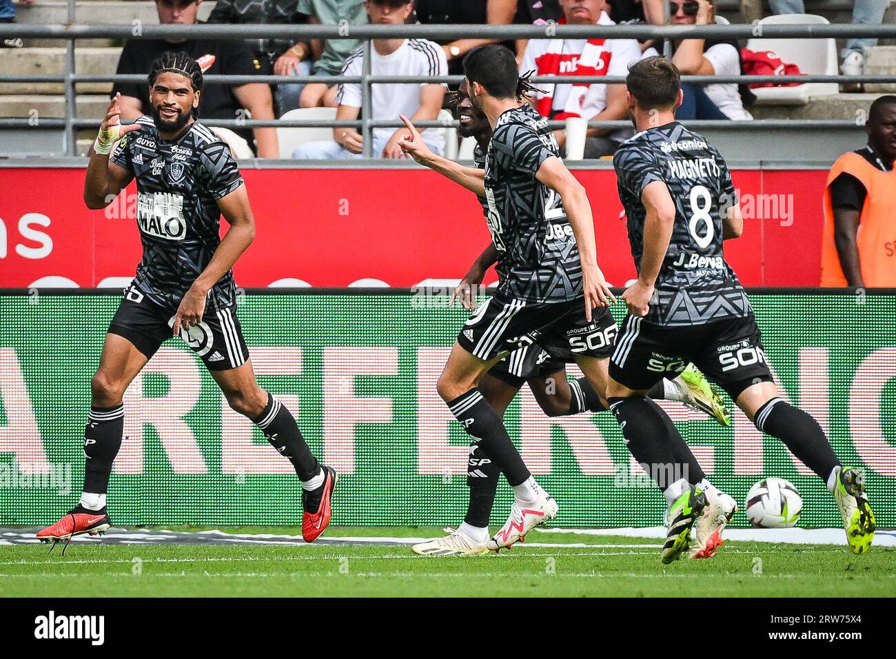 Mahdi CAMARA of Brest celebrate his goal with teammates during the ...