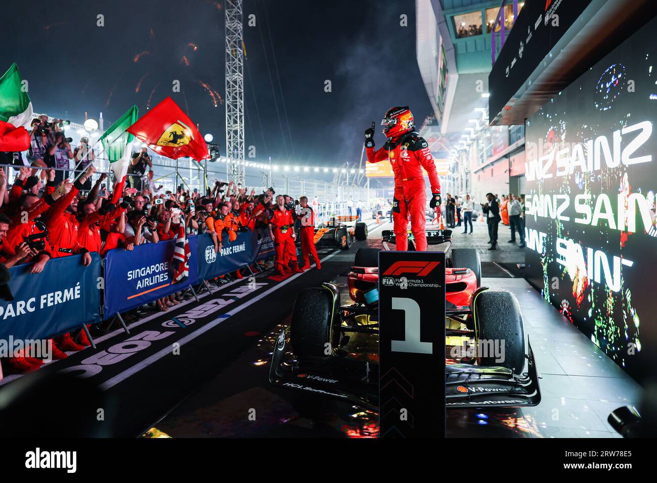 SAINZ Carlos (spa), Scuderia Ferrari SF-23, portrait, win celebration in parc ferme during the ...