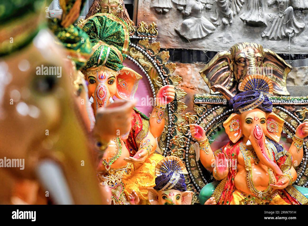 Kolkata, India. 16th Sep, 2023. Idols of Lord Ganesha are displayed at ...