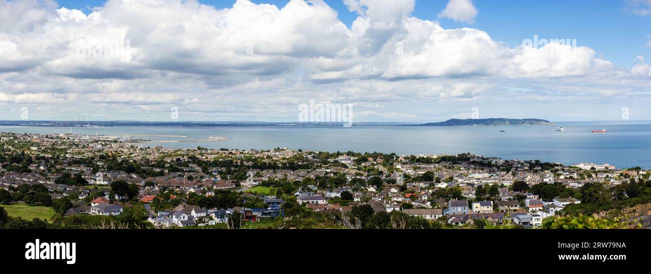 Panorama of Dublin city skyline and bay. View includes "Dun Laoghaire ...