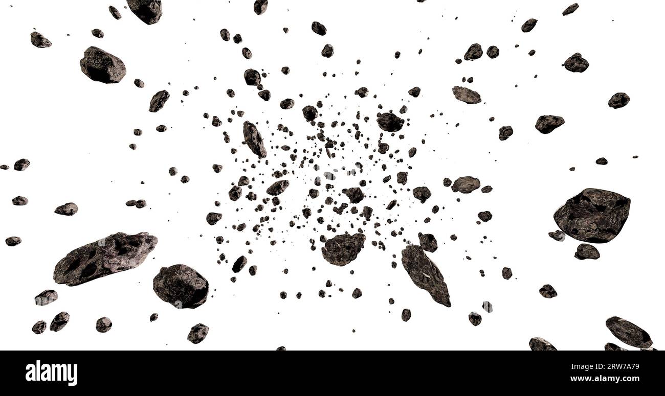 Asteroid field or belt or many rocks or stone isolated on white ...