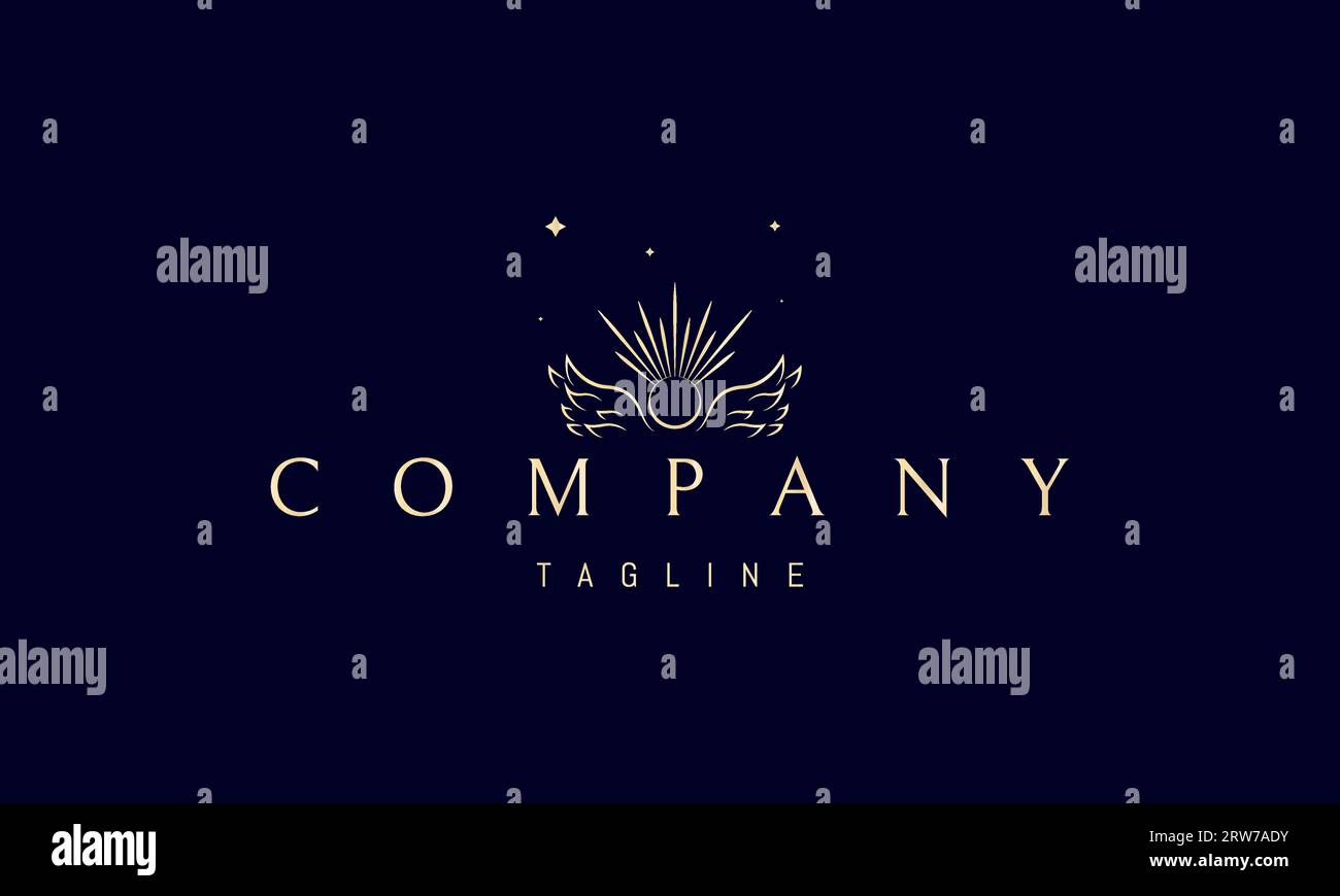 A vector golden logo with an abstract image of angel wings with a sun ...