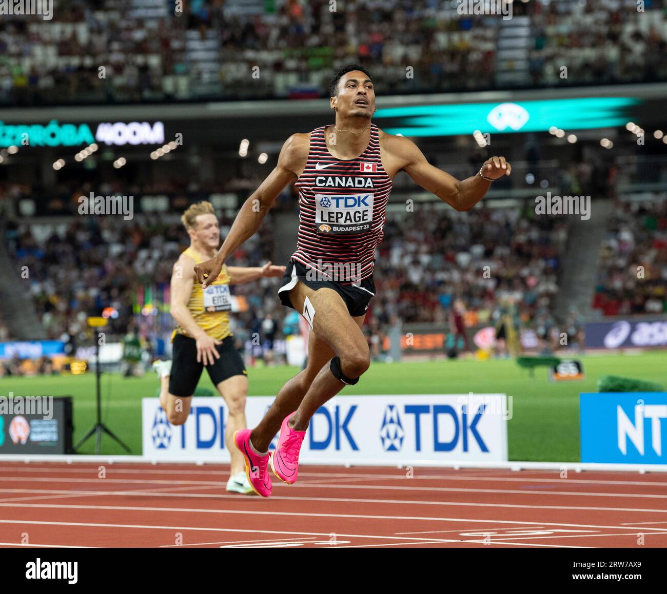 Pierce LePage of Canada competing in the men’s 400m decathlon on day ...