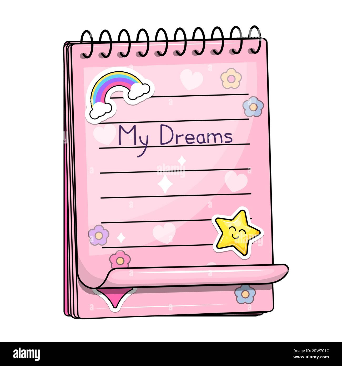 Cute cartoon pink paper notepad with stickers. Vector illustration on a ...