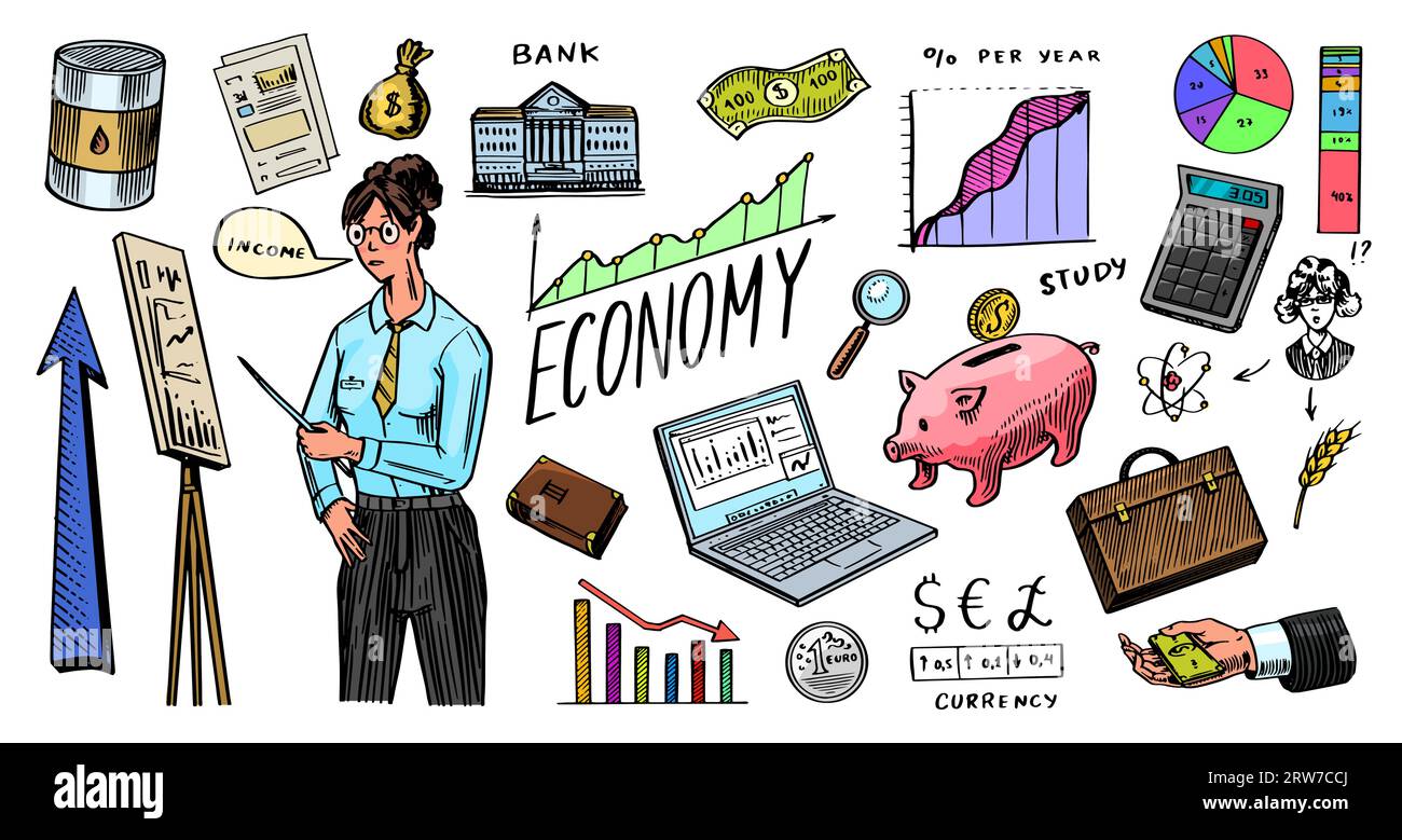 Economy poster. Finance and money. Piggy bank, calculator and graphs ...