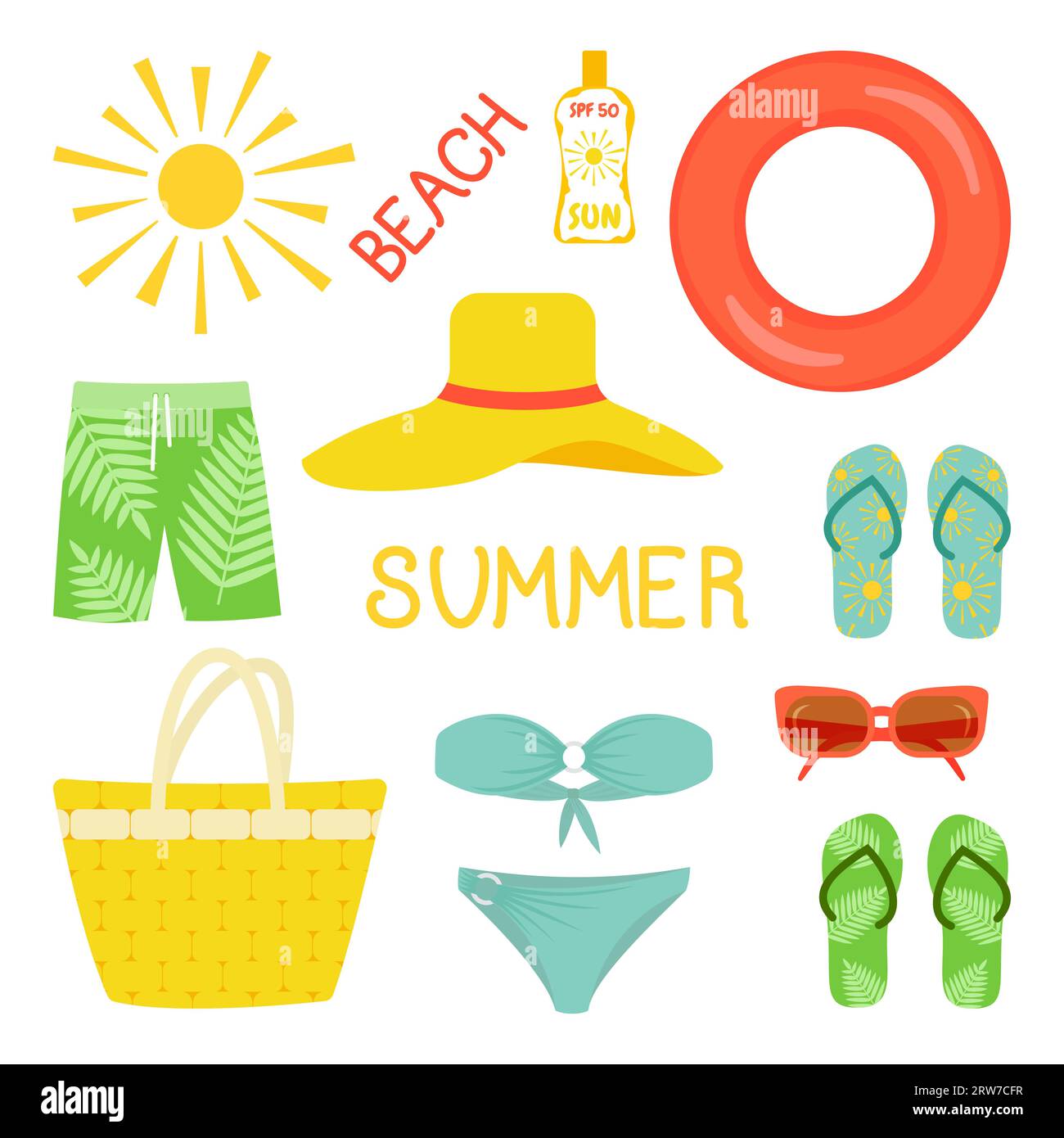 Collection of Cartoon summer elements. Beach, summer accessory Stock ...