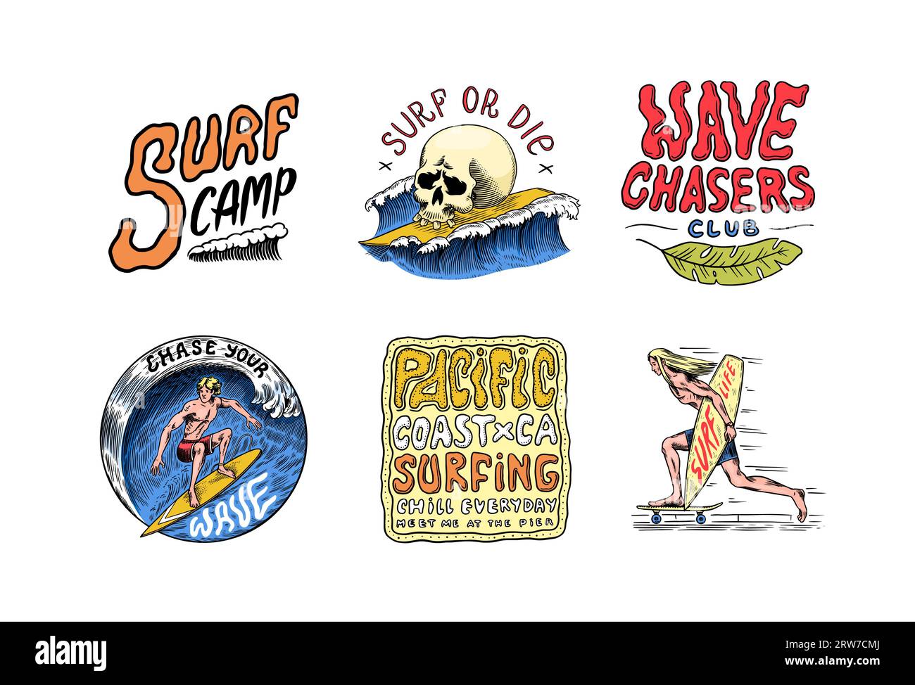 Surf badge, Vintage Surfer logo. Retro Wave and palm. Summer California ...