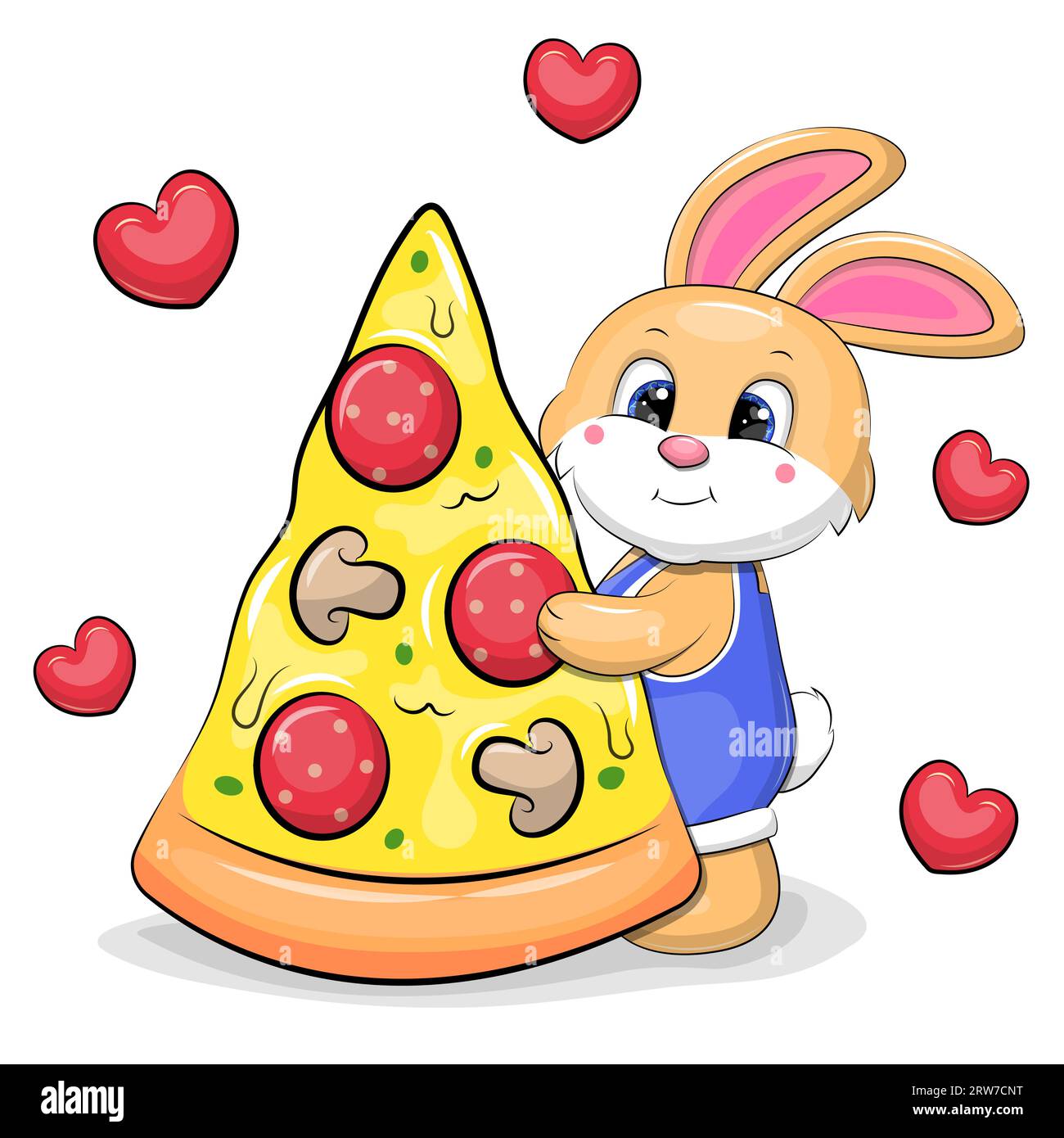 Cute cartoon rabbit with a big piece of pizza. Vector illustration of ...