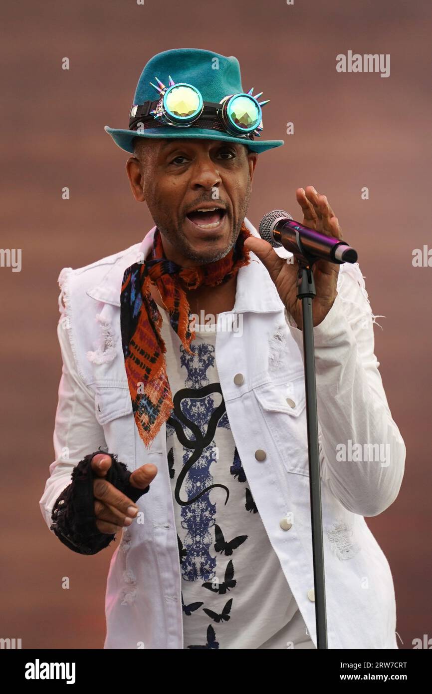 Jeffrey Daniel of Shalamar performing on stage wearing a Kylie Minogue ...