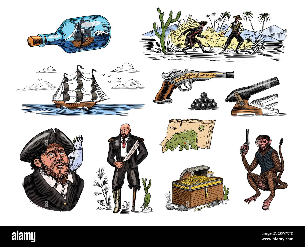 Sea Pirate with a parrot on his shoulder. One-legged Marine sailor ...