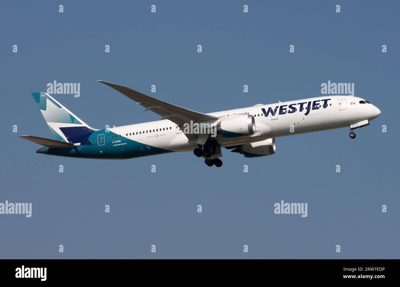 A Boeing 787-9 Dreamliner of Westjet departs London Gatwick Airport for ...