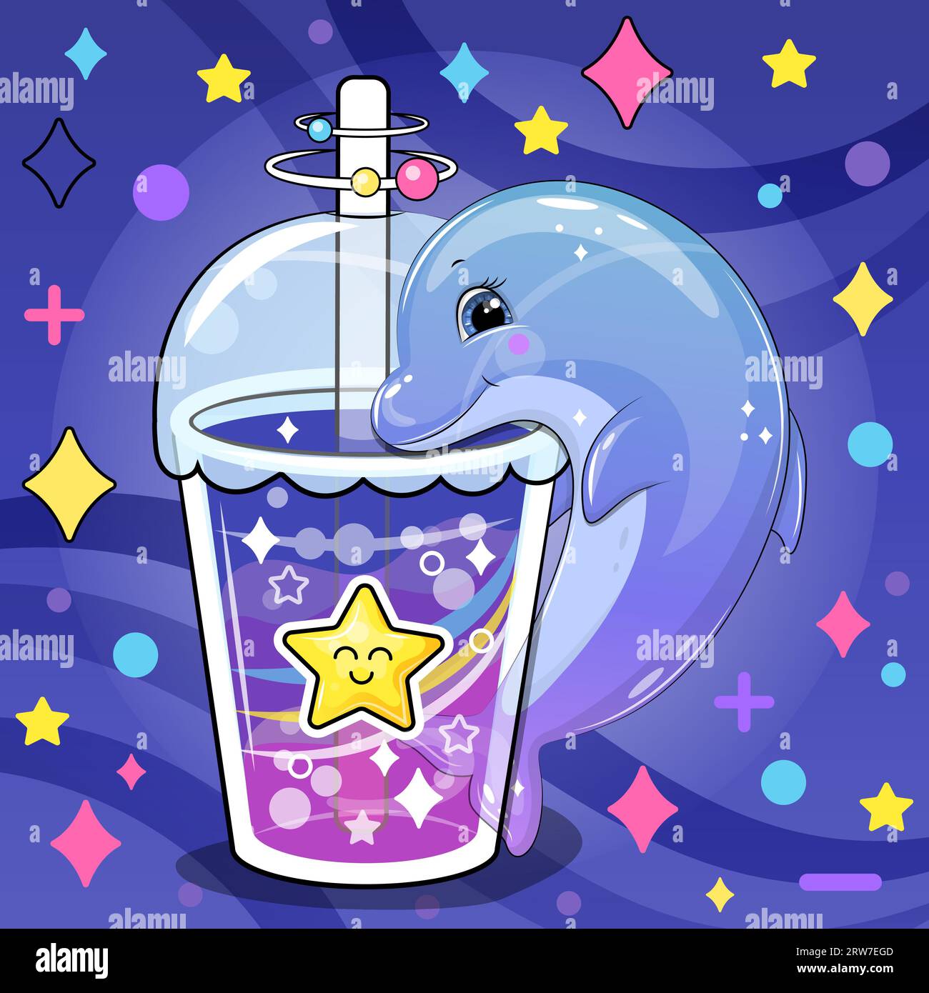 Cute cartoon dolphin and star drink. Vector illustration of an animal ...