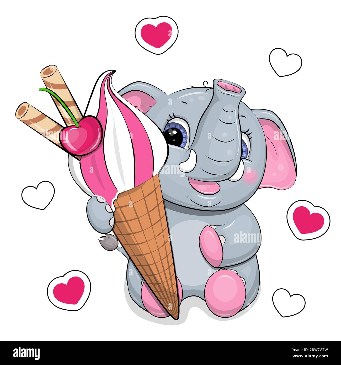 Cute cartoon elephant with big ice cream. Summer animal vector ...