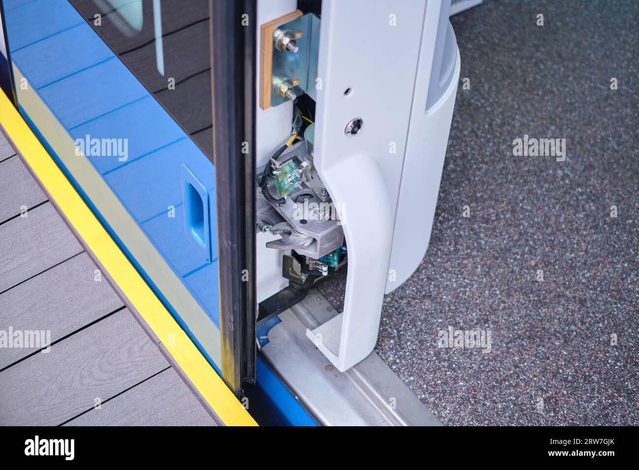 The mechanism of closing and opening doors in a subway train car/ Close ... The mechanism of closing and opening doors in a subway train car/ Close ...