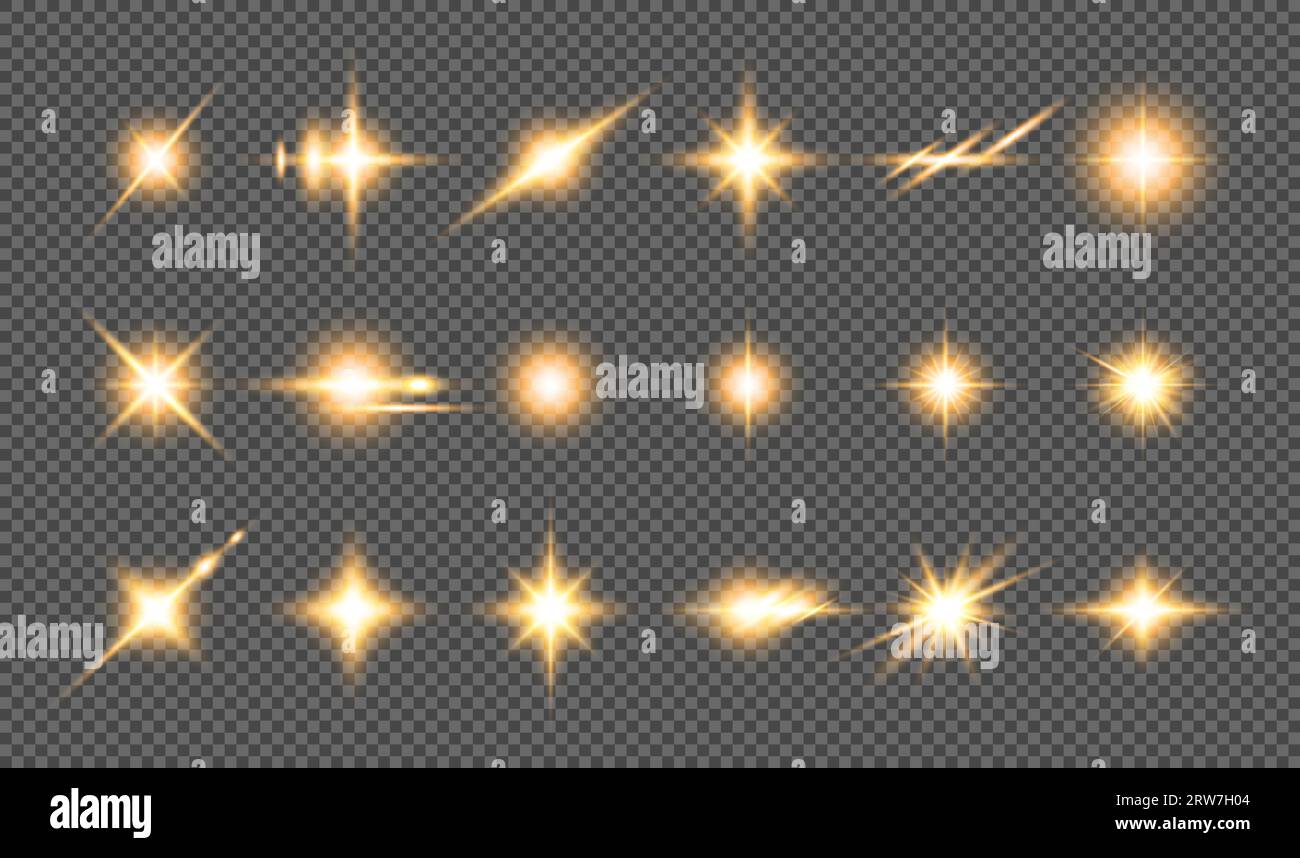 Transparent golden light effects on a transparent background. A collection of various glowing ...