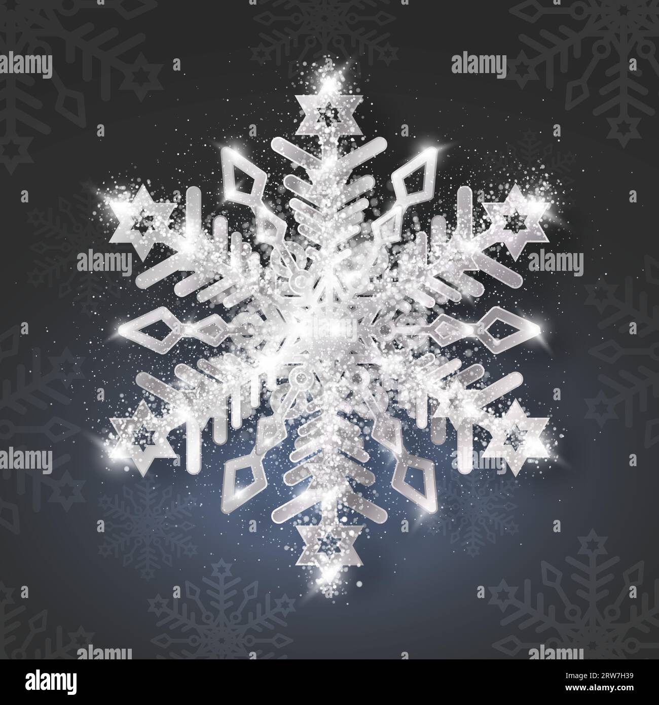 Silver snowflake with bright sparkle and sparkles on a dark background ...
