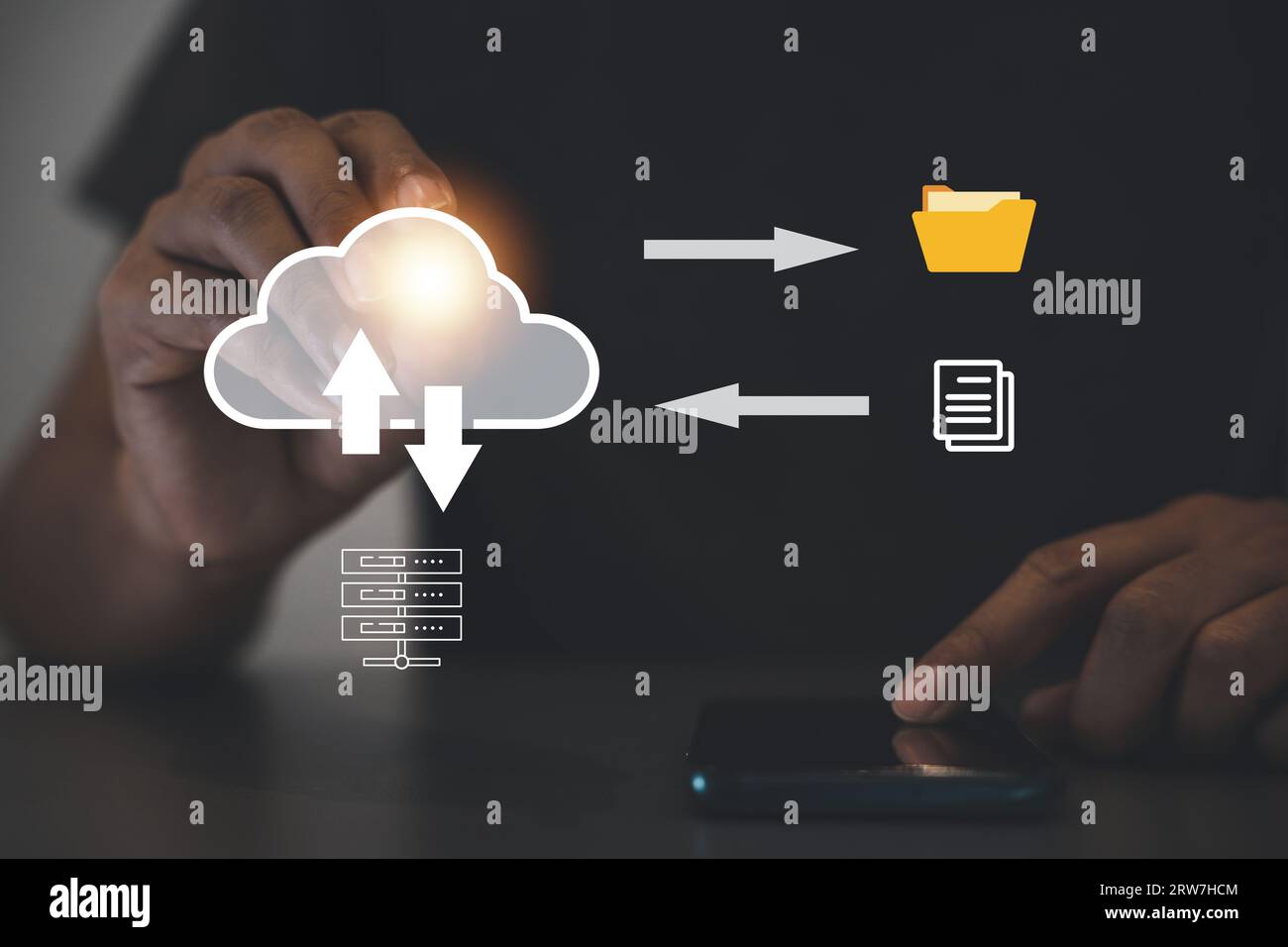 Virtual screen with cloud computing diagram displayed by a man Stock ...