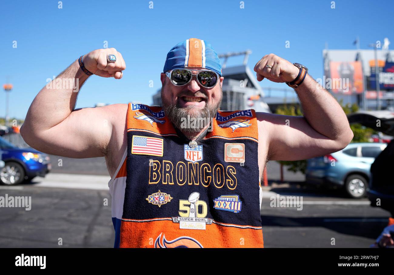 Denver Broncos fan Randy Emmons poses for a photograph before an NFL ...