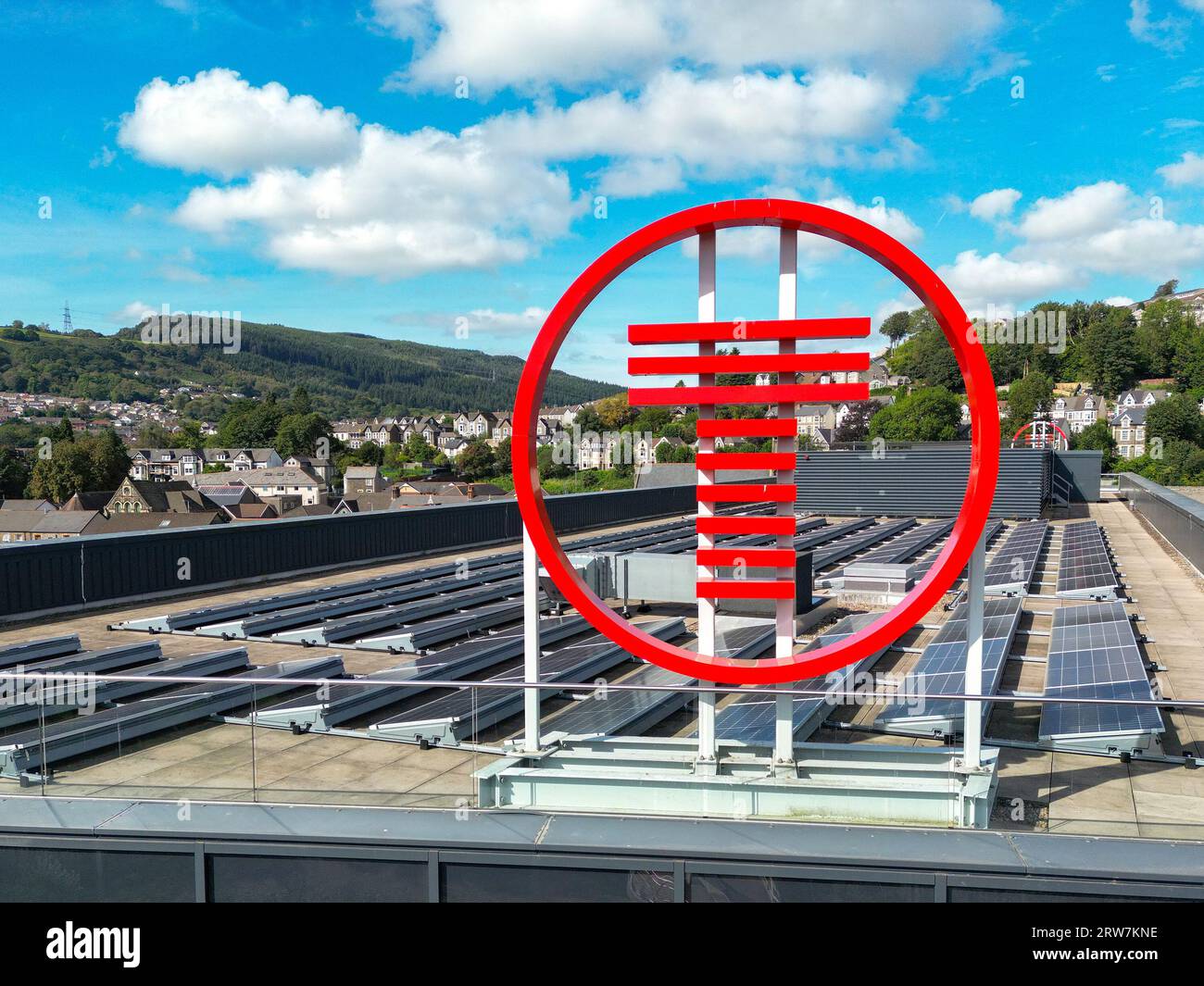 Pontypridd, Wales - 12 September 2023: Large symbol sign on the top of ...