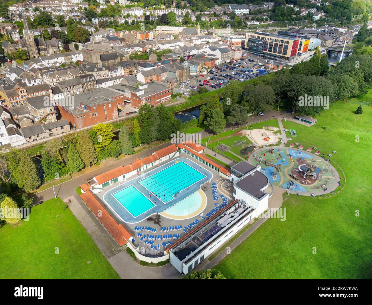 Pontypridd, Wales - 12 September 2023: Drone view of the open air lido ...