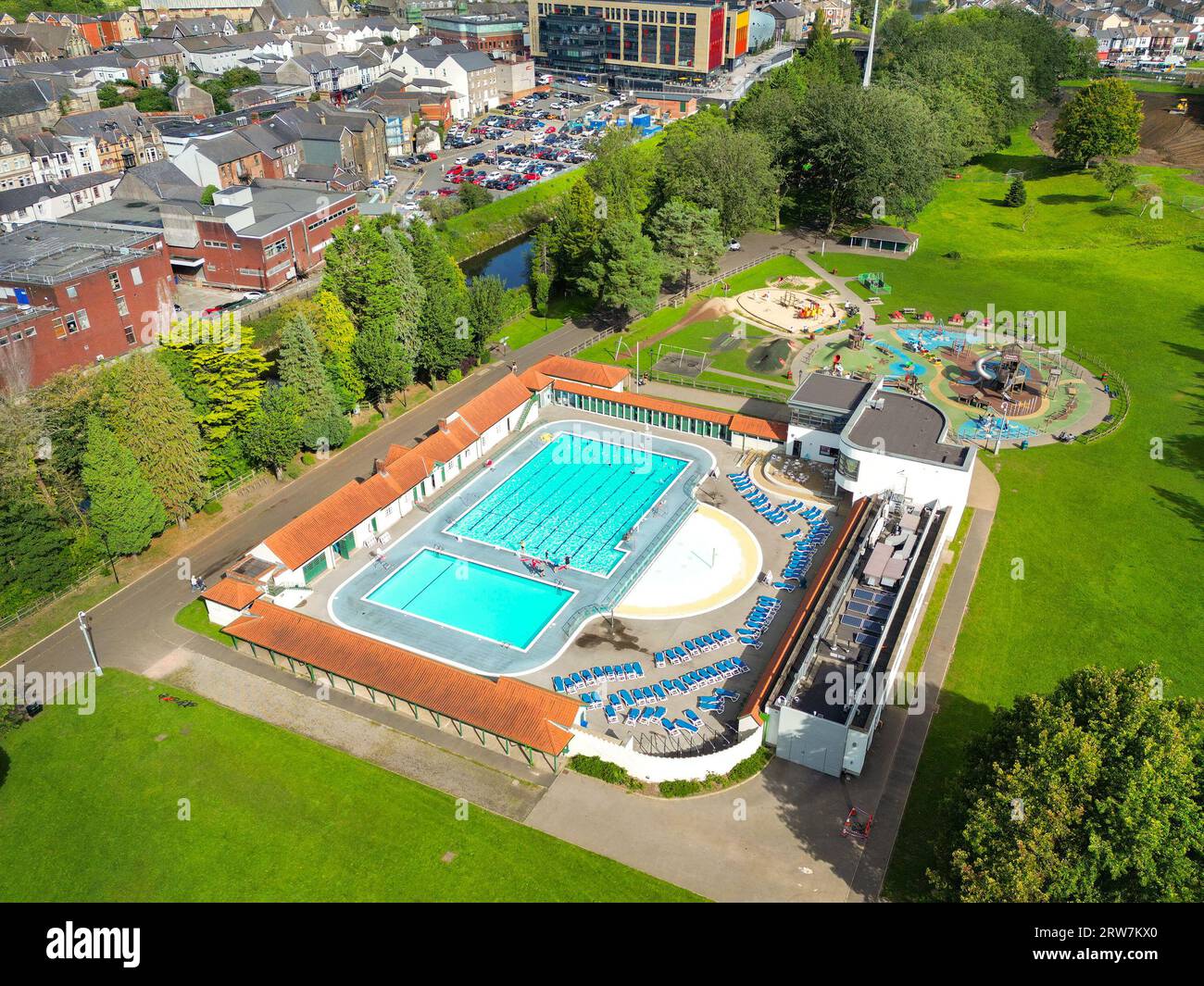 Pontypridd, Wales - 12 September 2023: Drone view of the open air lido ...