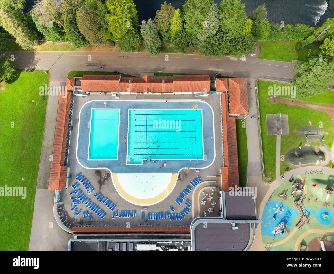 Pontypridd, Wales - 12 September 2023: Drone view of the open air lido ...