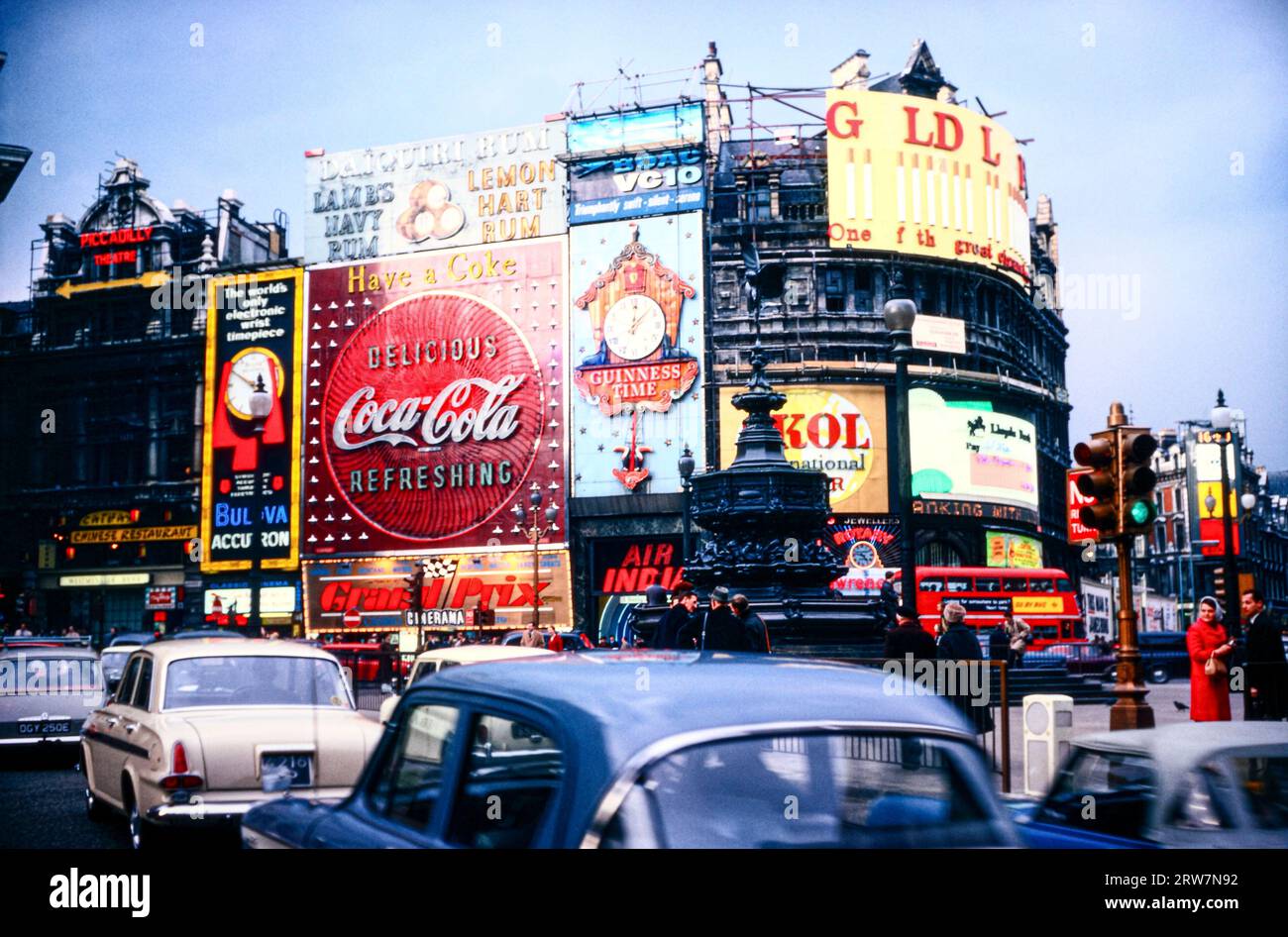 Piccadilly Circus London 1967, with signage advertising Coca Cola, Skol ...