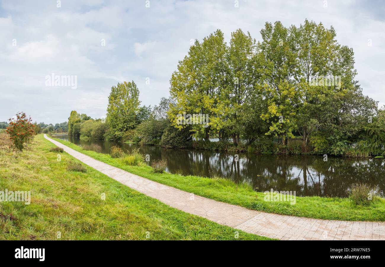 A multi image panorama looking along the towpath of the Leeds Liverpool ...
