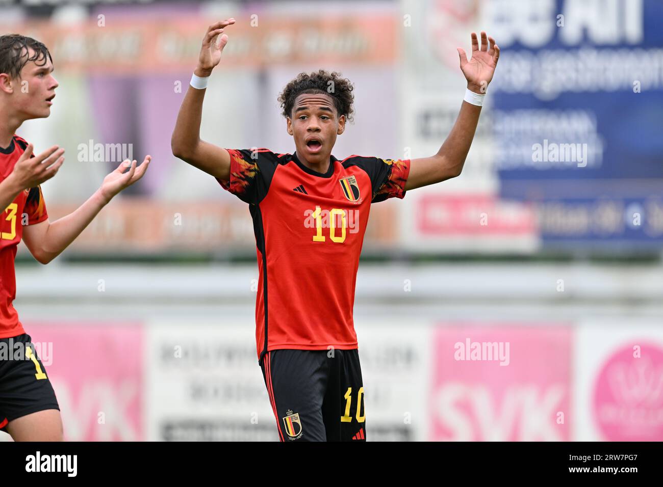 Sint Niklaas, Belgium. 17th Sep, 2023. Noah Fernandez (10) of Belgium reacts during a friendly ...