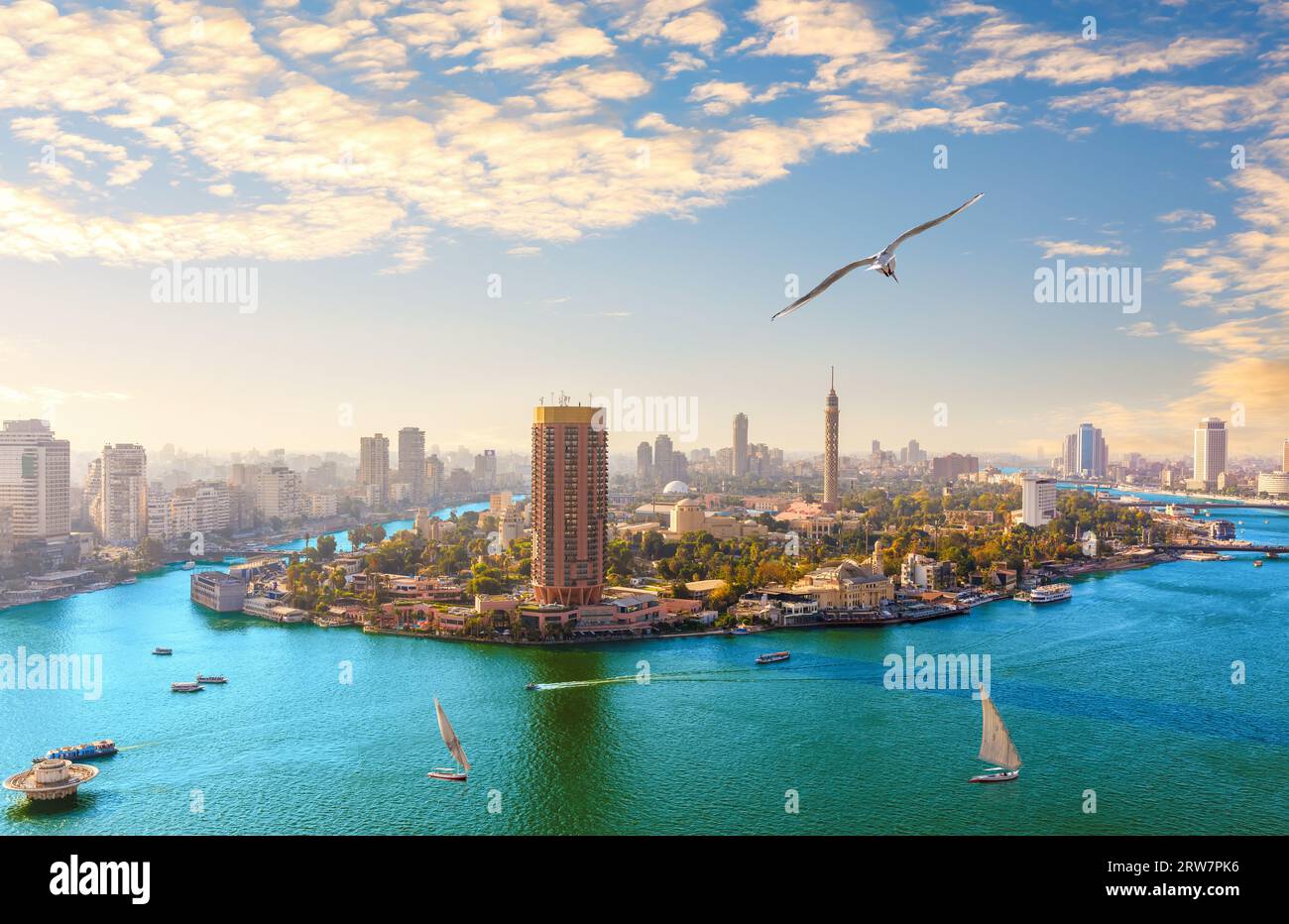 Rare panorama of Gezira island, famous view on the Nile in the center ...