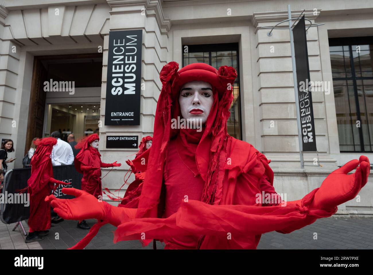 London, UK. 17 September, 2023. The Red Rebel Brigade activist mime ...