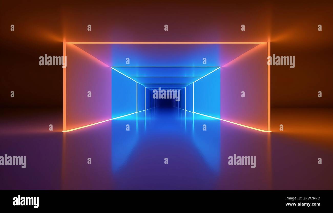 Background of an empty room, corridor. Spotlight, colorful neon light ...