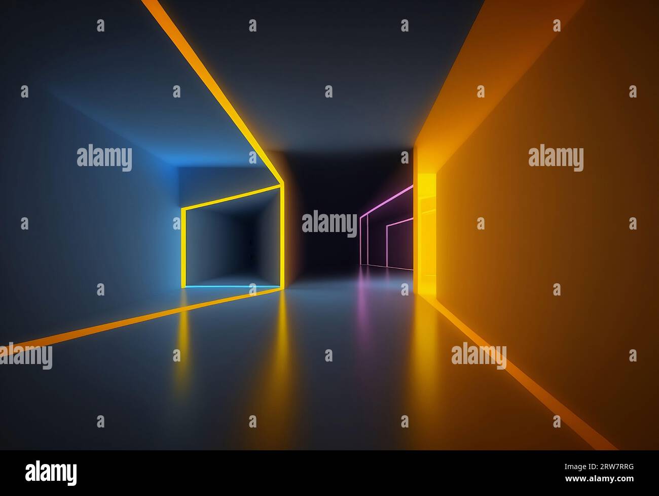 Background of an empty room, corridor. Spotlight, colorful neon light ...