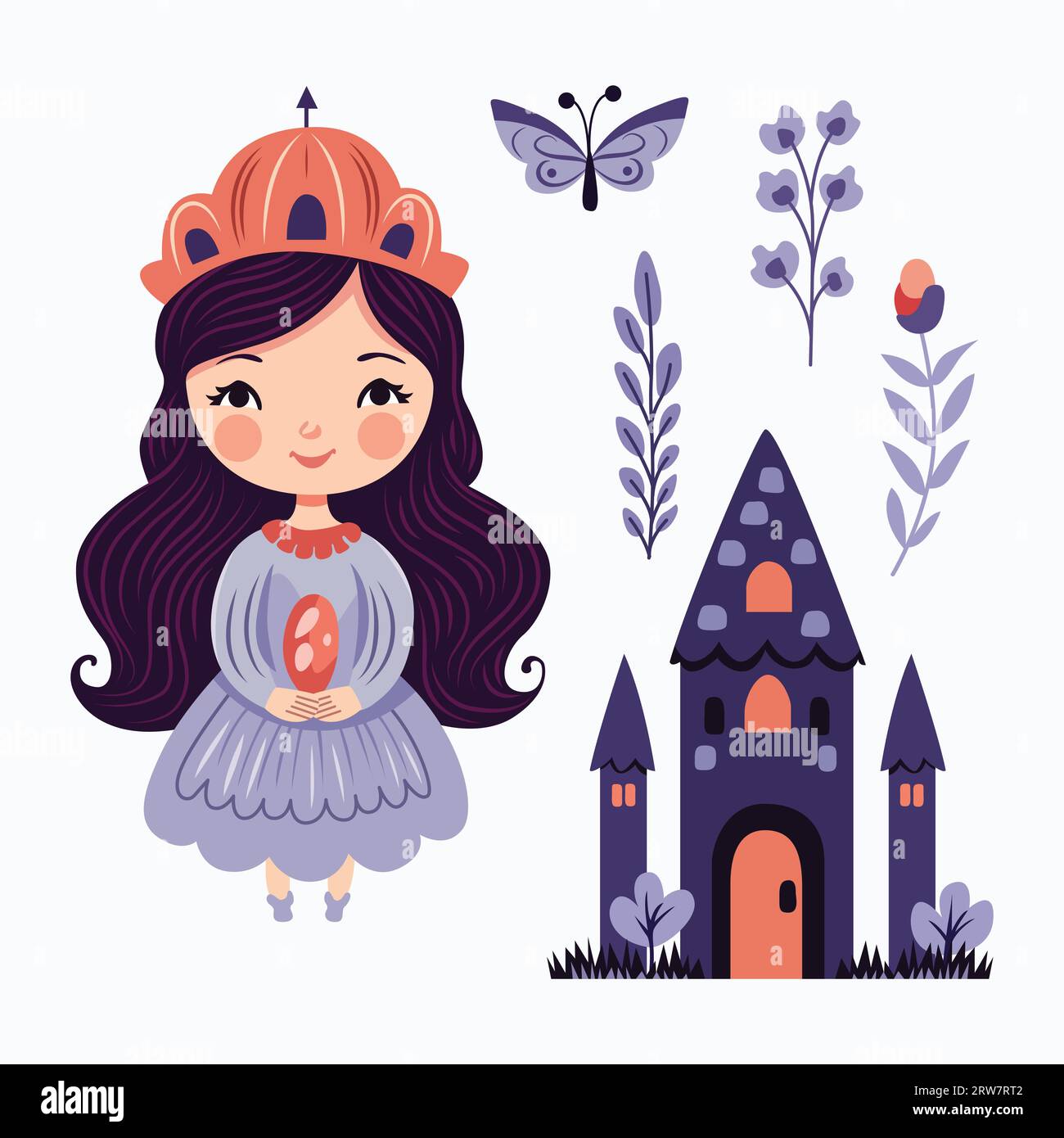 Charming cartoon princess in violet hues, surrounded by whimsical ...